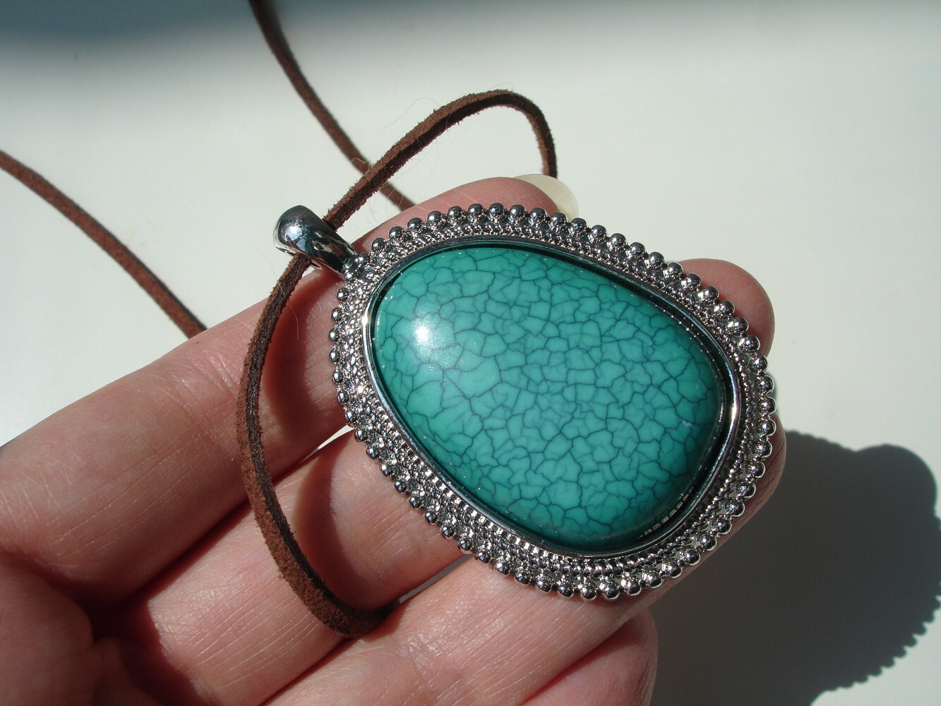 Fake Turquoise Pendant Necklace With Brown Suede Cord - Etsy
