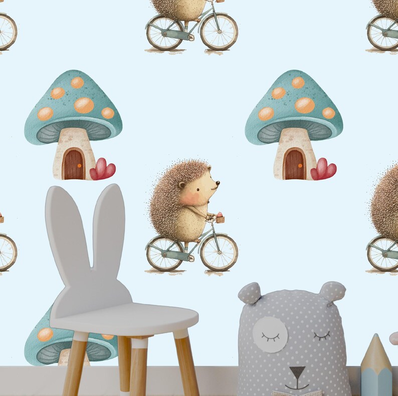 Hedgehog Nursery Peel and Stick Wallpaper, Whimsical Forest Animals ...
