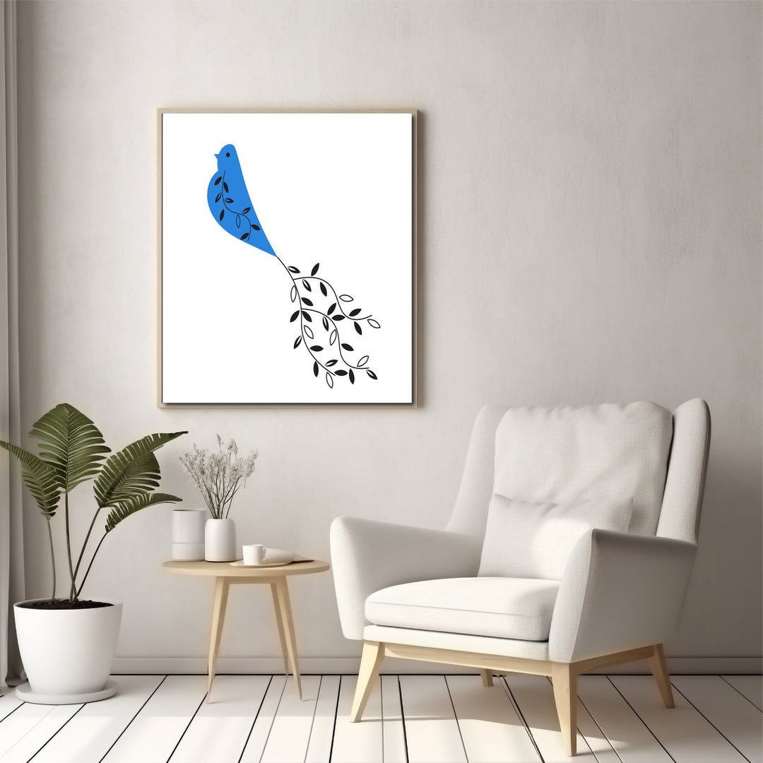 Printable Blue Bird Drawing, Digital Wall Art, Colorful Digital Art ...