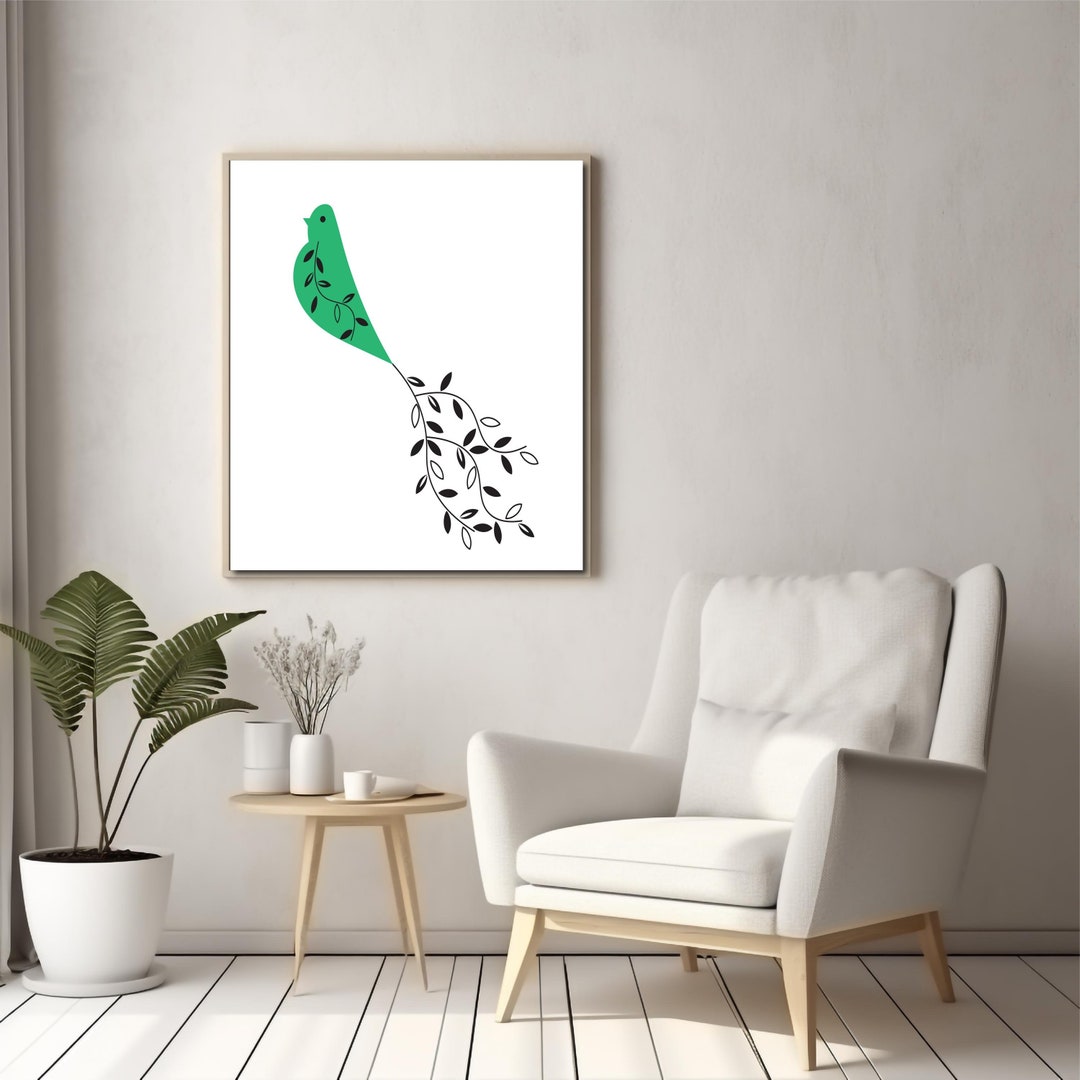 Printable Green Bird Drawing, Digital Wall Art, Colorful Digital Art ...