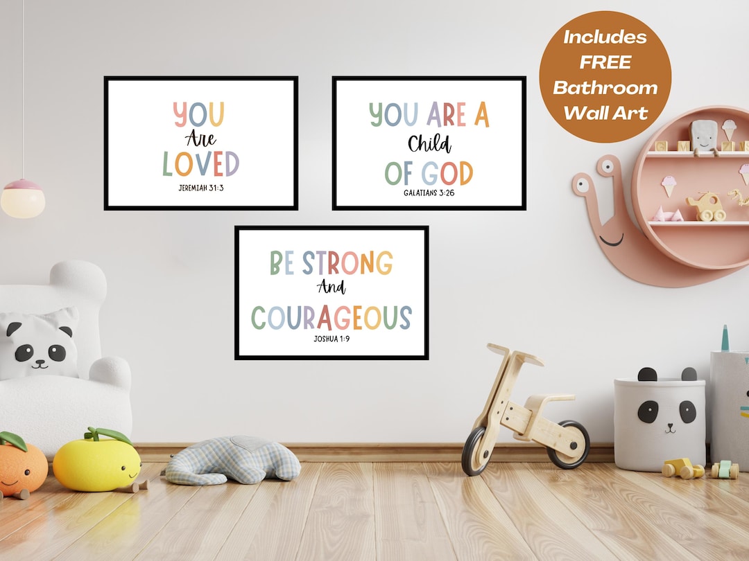 Kids Scripture Wall Art Set of 3, Strong, Courageous, Child of God ...