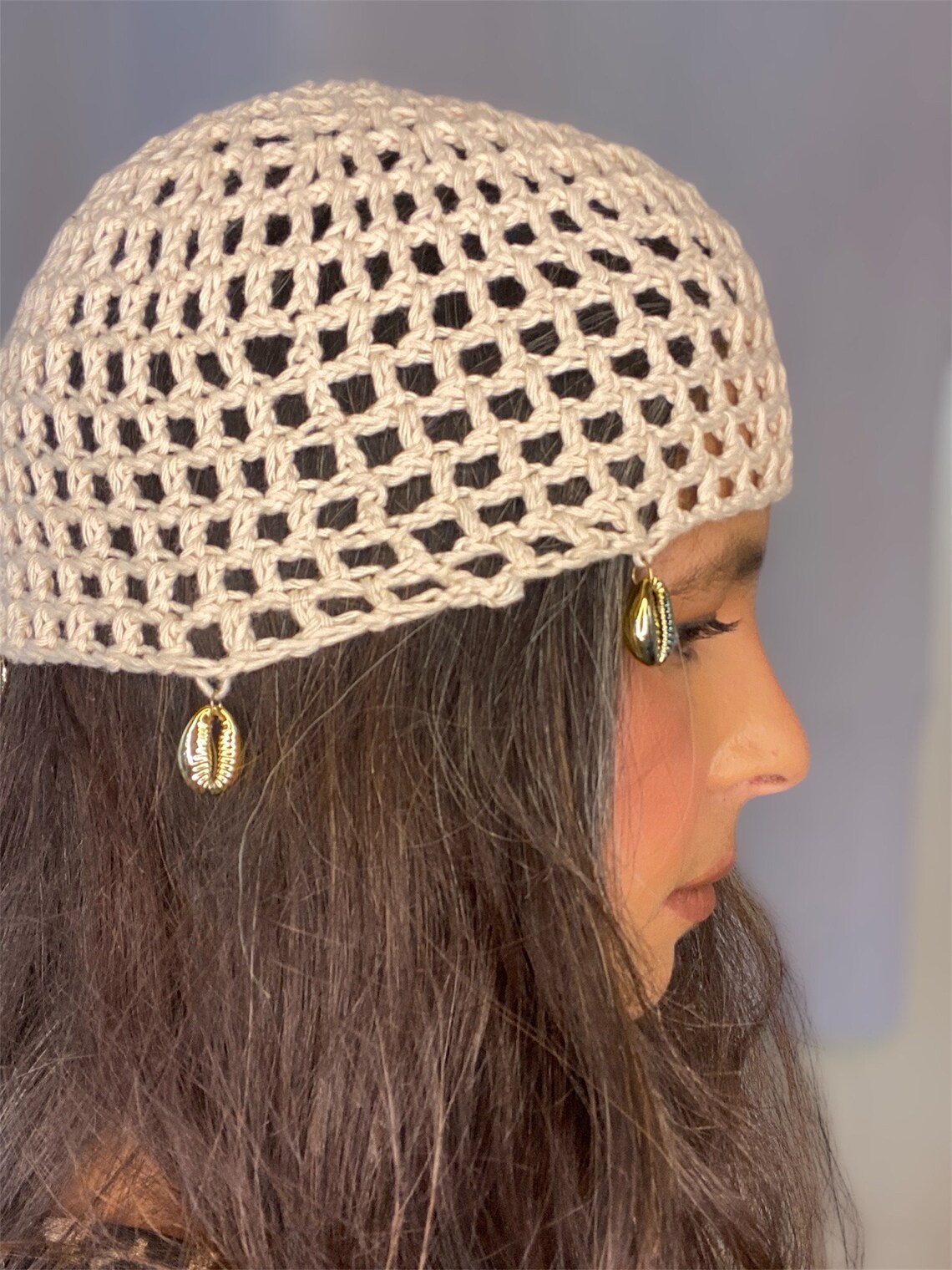 Crochet Mesh Beanie, Skull Mesh Hat, Shell Hat, Gold Shells Mesh, Beige ...