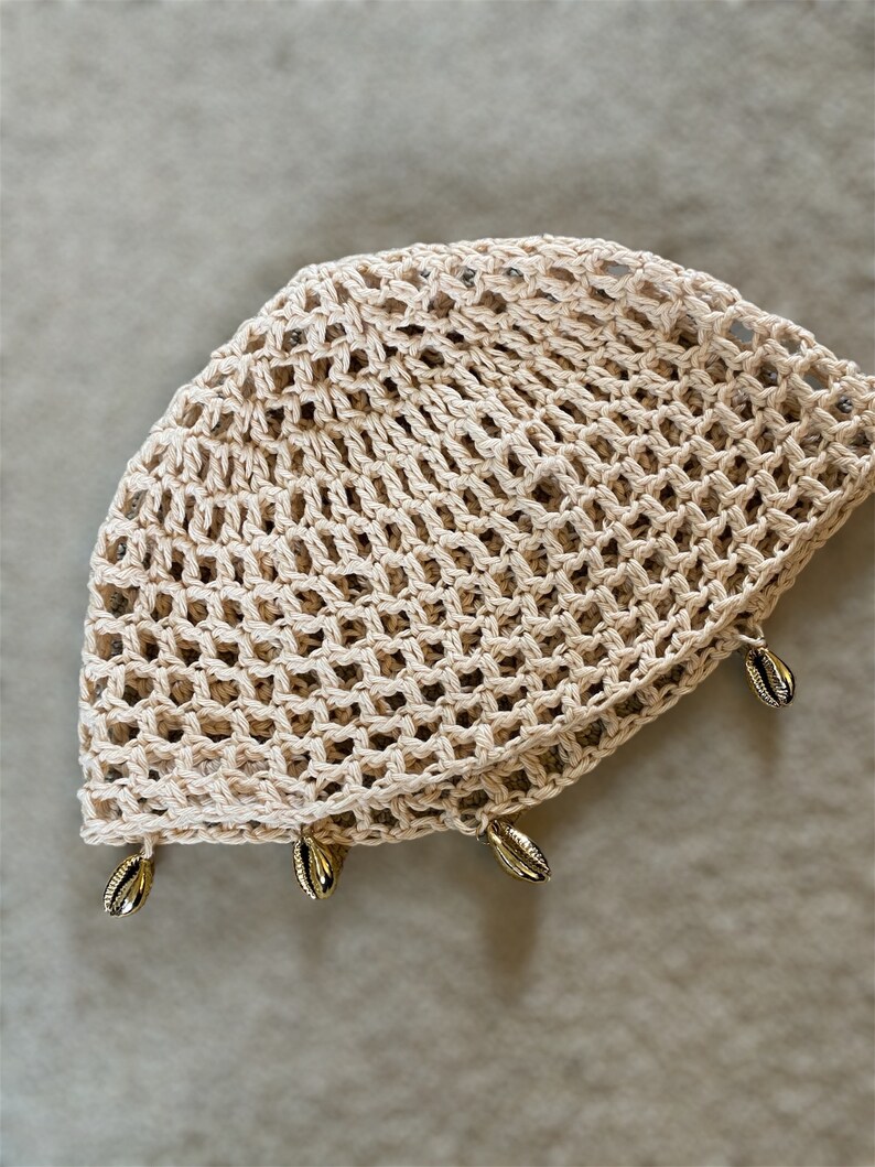 Crochet Mesh Beanie, Skull Mesh Hat, Shell Hat, Gold Shells Mesh, Beige ...