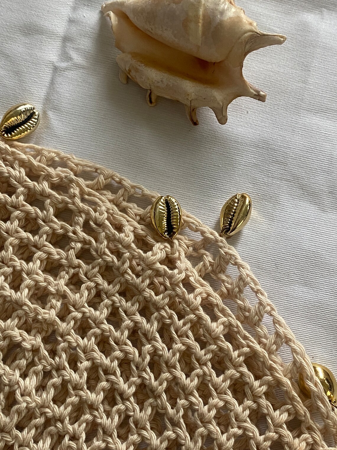 Crochet Mesh Beanie, Skull Mesh Hat, Shell Hat, Gold Shells Mesh, Beige ...