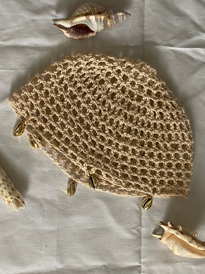 Crochet Mesh Beanie, Skull Mesh Hat, Shell Hat, Gold Shells Mesh, Beige ...