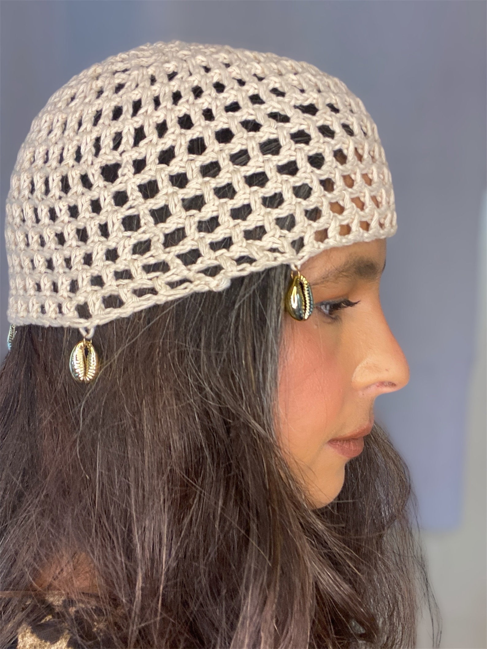 Crochet Mesh Beanie, Skull Mesh Hat, Shell Hat, Gold Shells Mesh, Beige ...