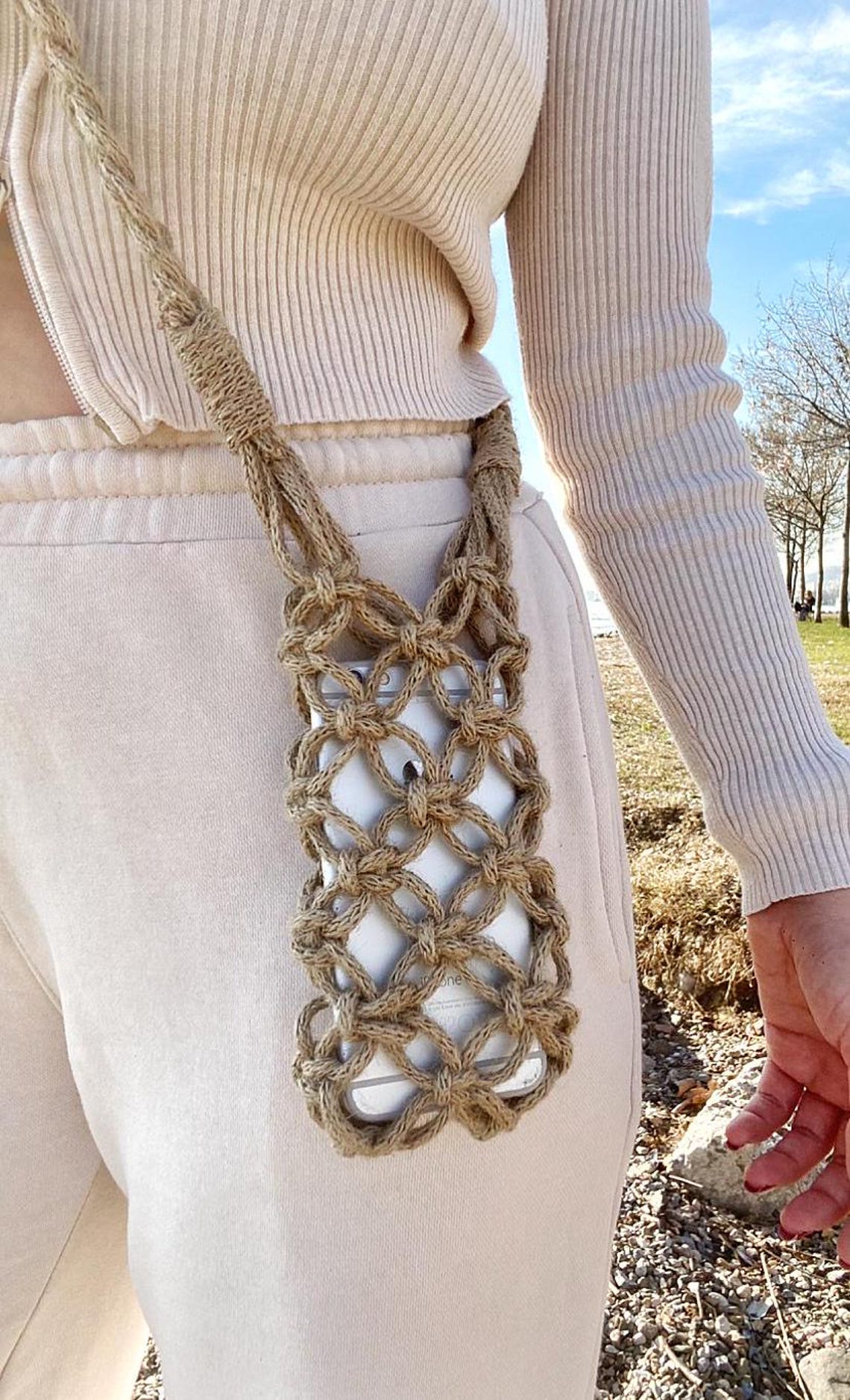 Macrame Handmade Cell Phone Bag, Crossbody Adjustable Purse, Knit ...