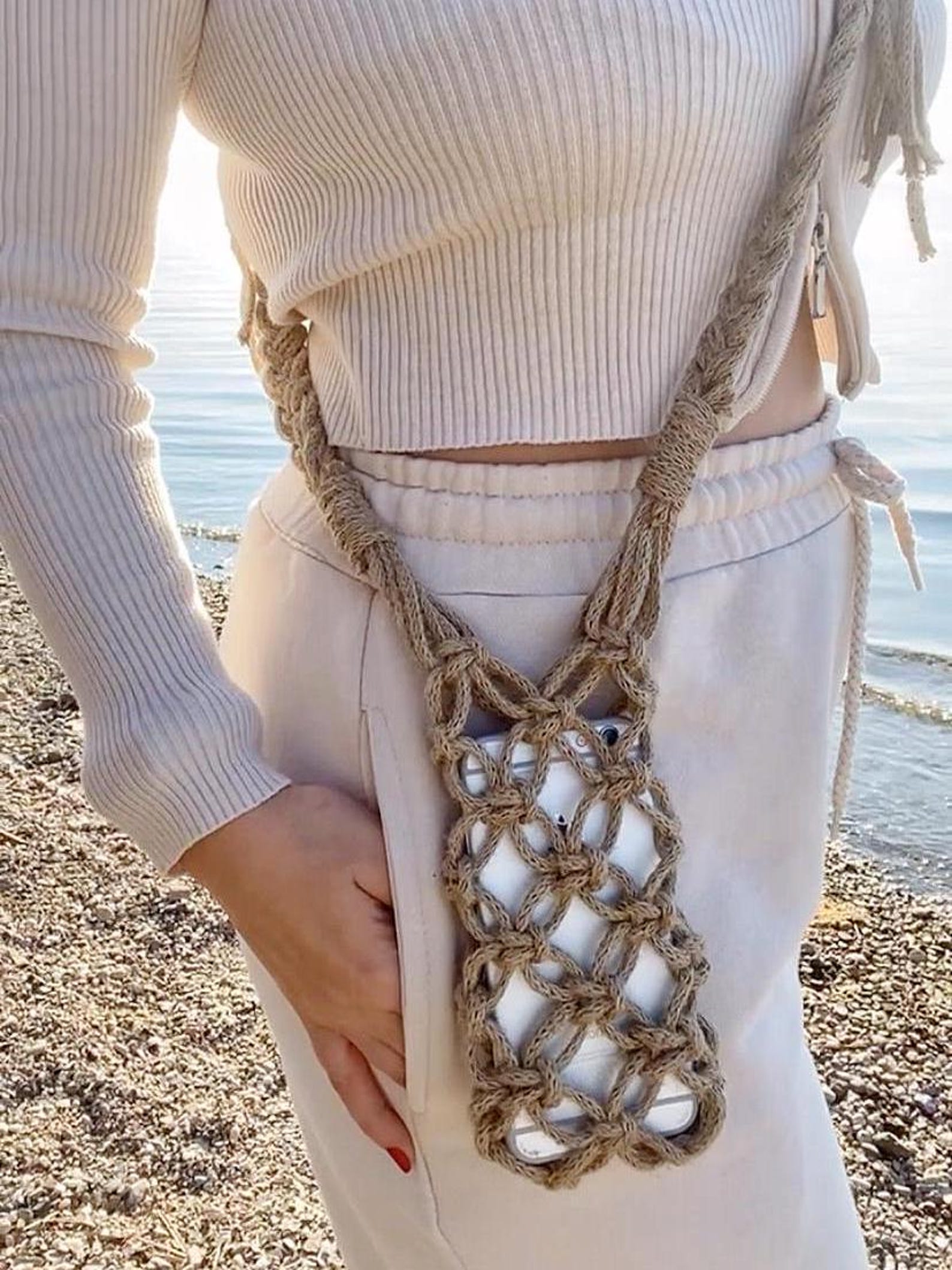 Macrame Handmade Cell Phone Bag, Crossbody Adjustable Purse, Knit ...