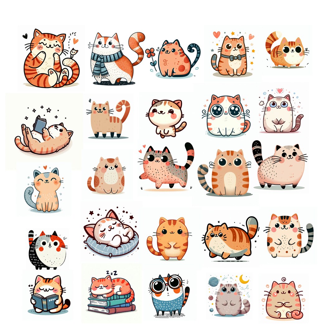 25 Doodle Cats, Clipart, Cute Cats Illustrations, Cat Printable, Cat ...