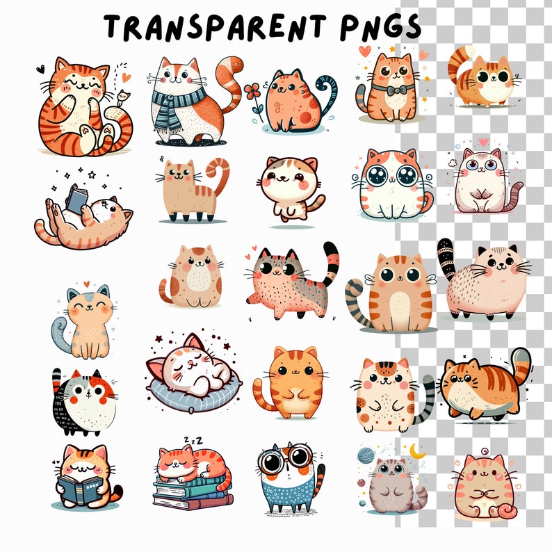 25 Doodle Cats, Clipart, Cute Cats Illustrations, Cat Printable, Cat ...