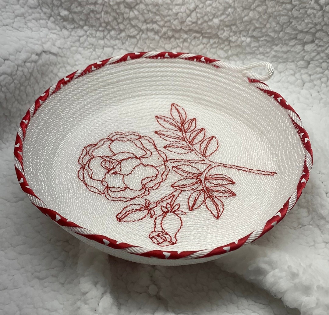 Coiled Rope Bowl Embroidered Rose - Etsy