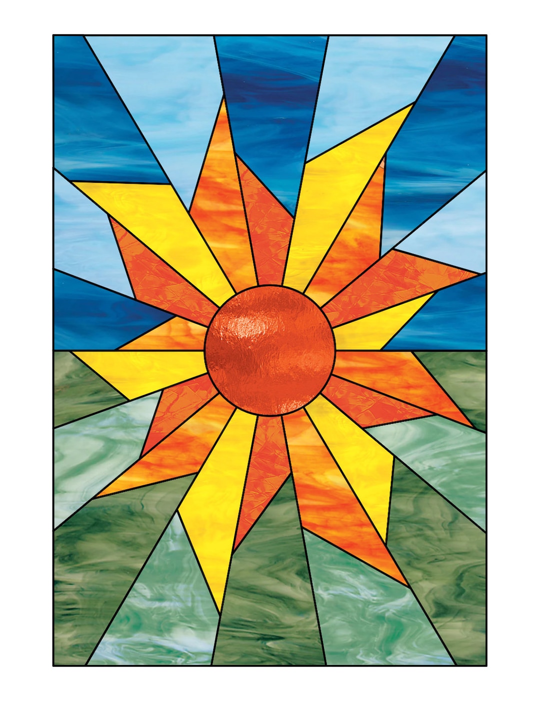 A Stained Glass Scene of a Radiant Sun in Yellow, a Blue Sky and a ...