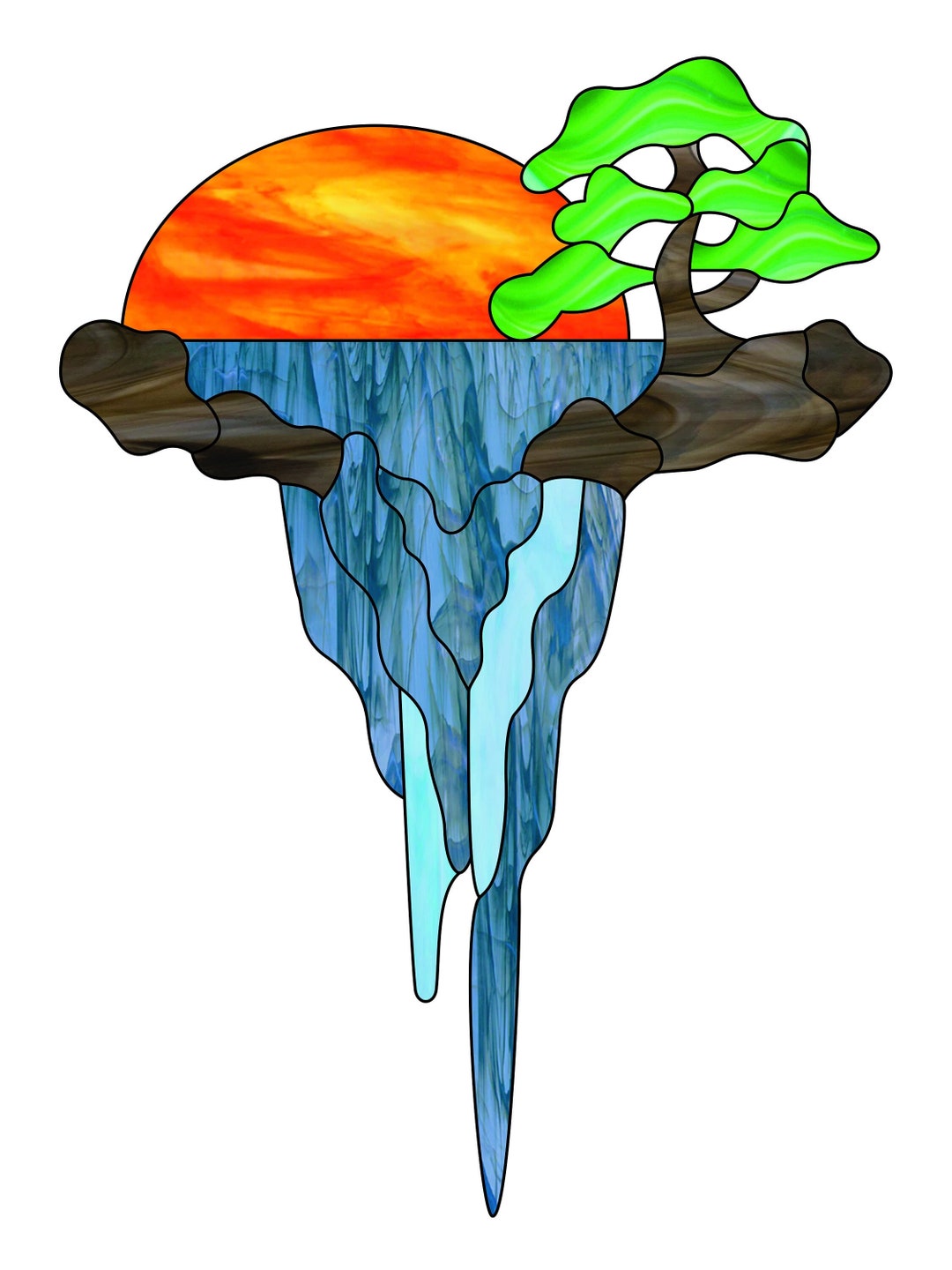 Abstract Waterfall Pattern Peaceful Scenic Landscape Stained Glass ...