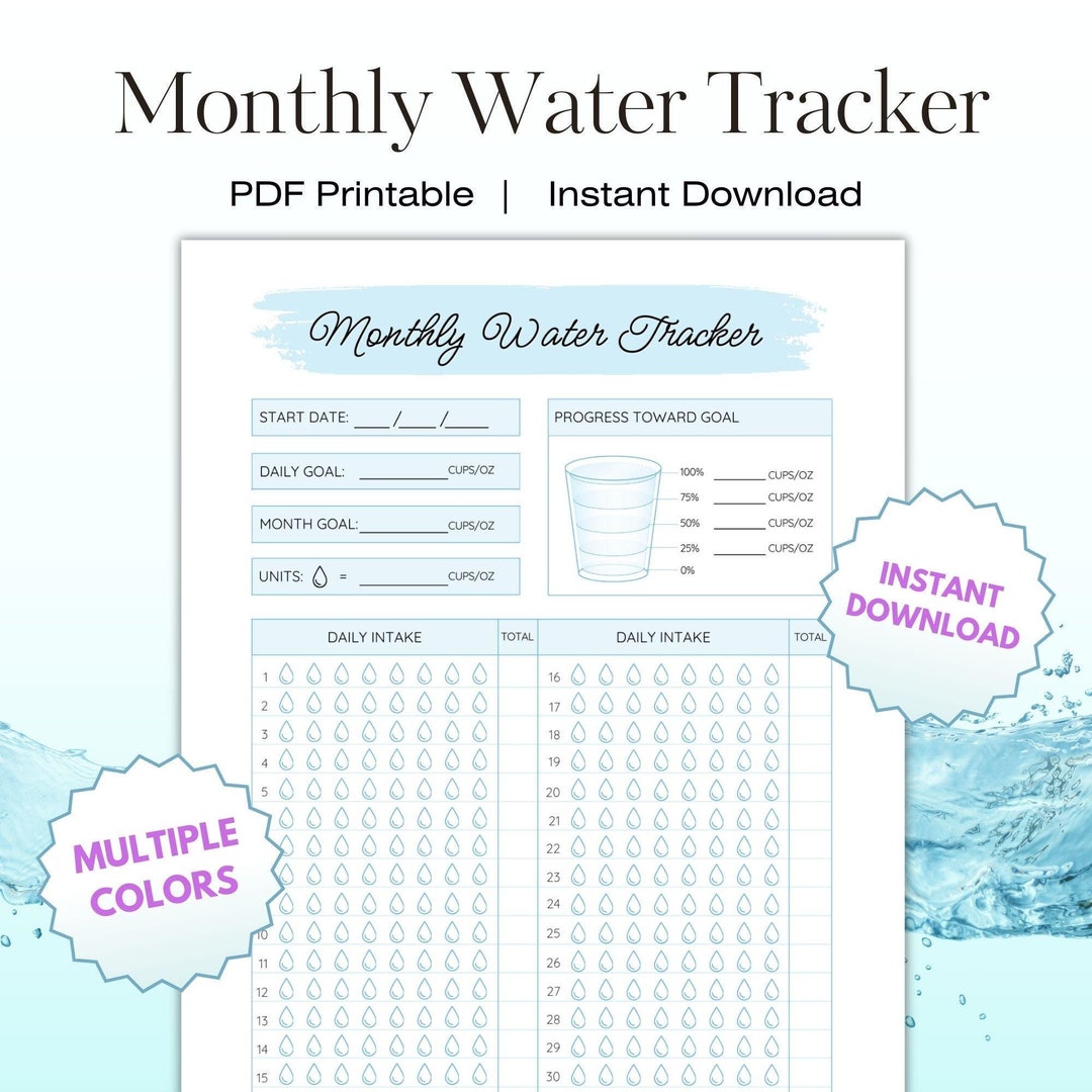 Monthly Water Tracker, Printable PDF, Instant Download, 30 Day Water ...