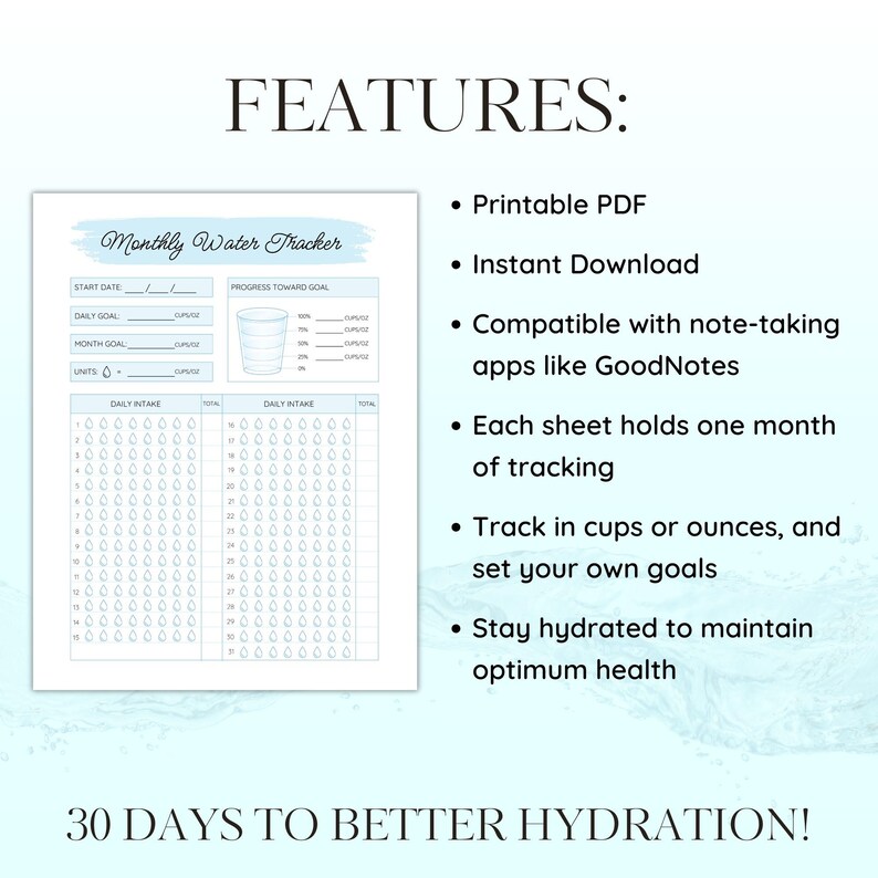 Monthly Water Tracker, Printable PDF, Instant Download, 30 Day Water ...
