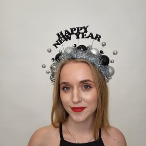 Glitter Happy New Year Headband, Black and Silver New Years Eve Crown ...