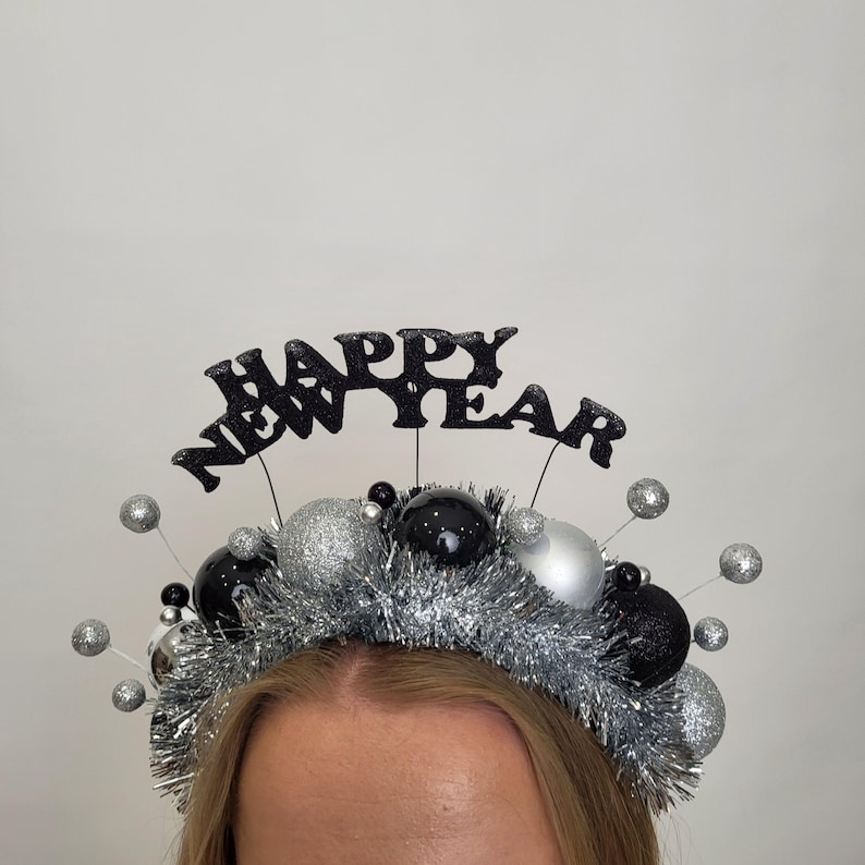 Glitter Happy New Year Headband, Black and Silver New Years Eve Crown ...