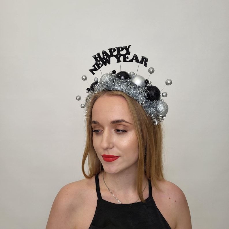 Glitter Happy New Year Headband, Black and Silver New Years Eve Crown ...