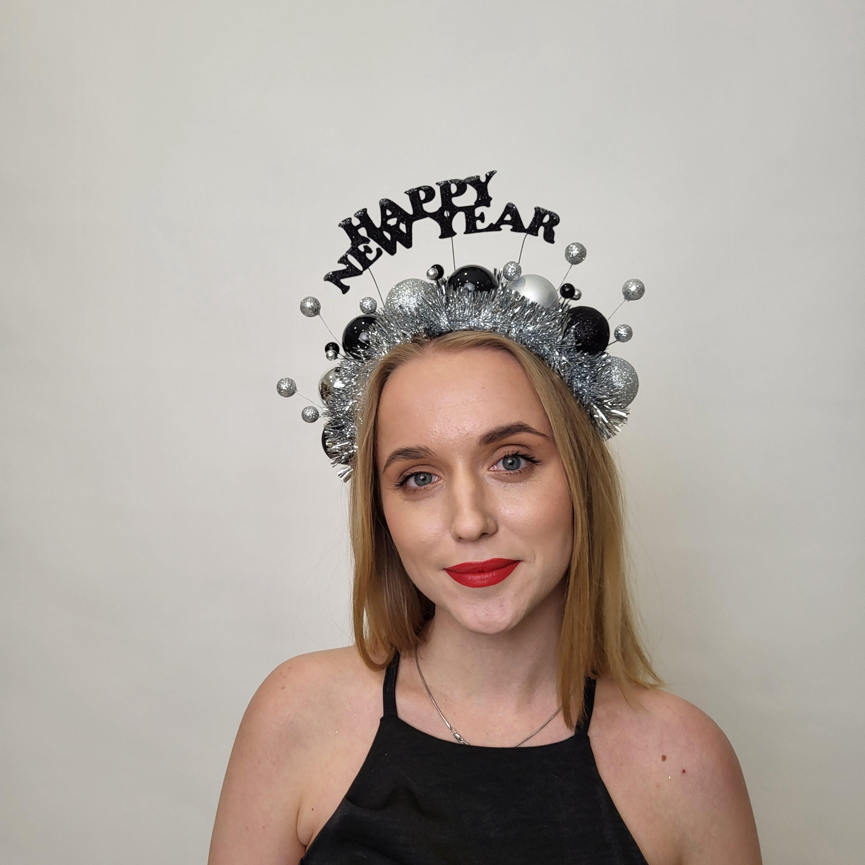 Glitter Happy New Year Headband, Black and Silver New Years Eve Crown ...
