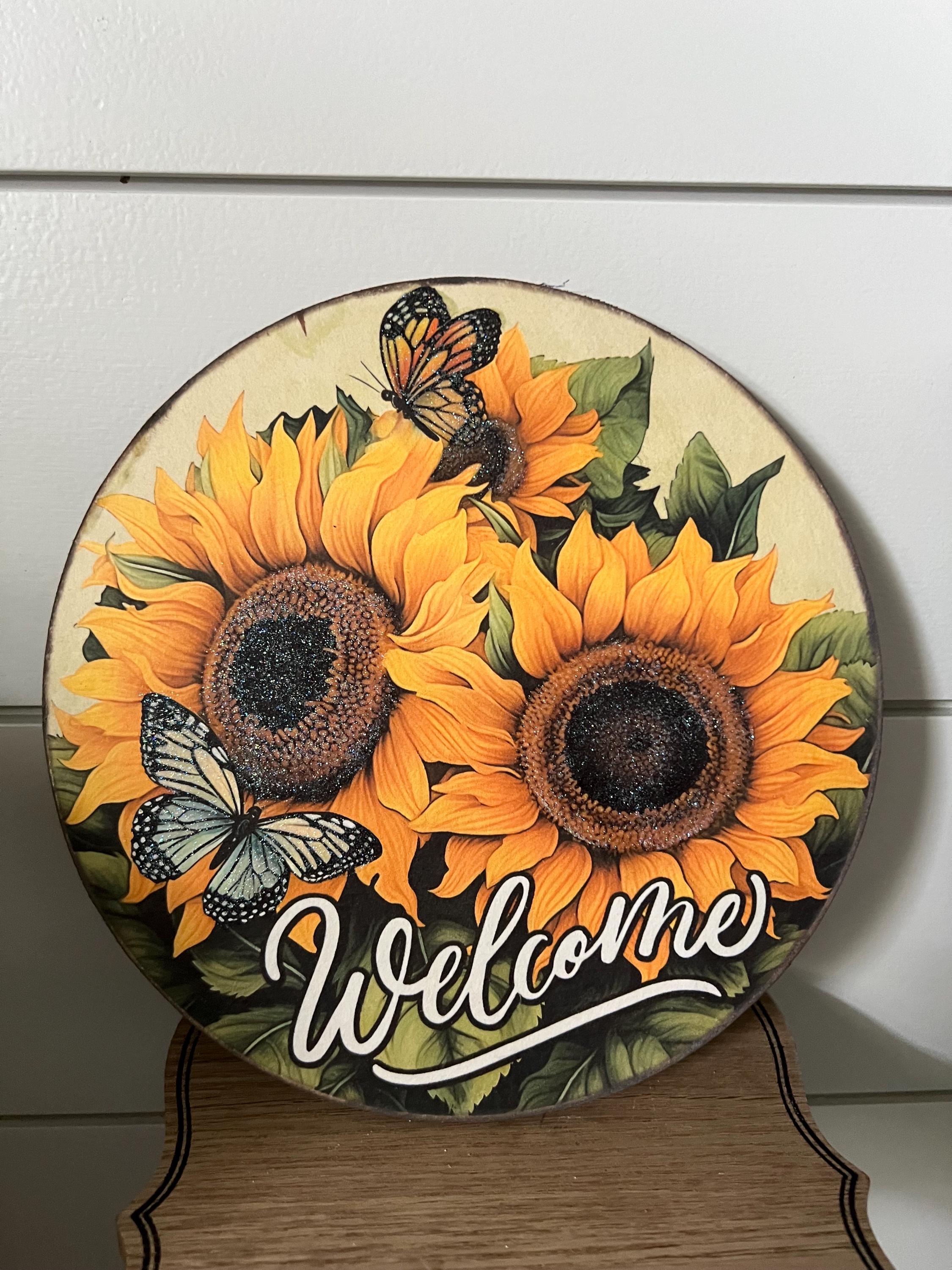 Sunflower Welcome Round Wood Decor - Etsy