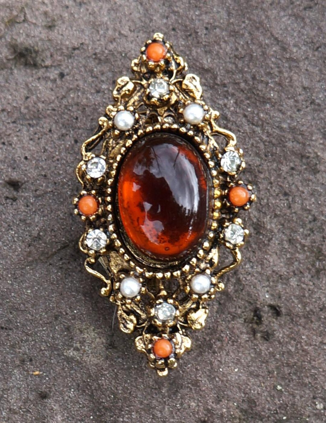 Vintage Amber/root Beer Colored Stone Brooch/pin With Rhinestones and ...