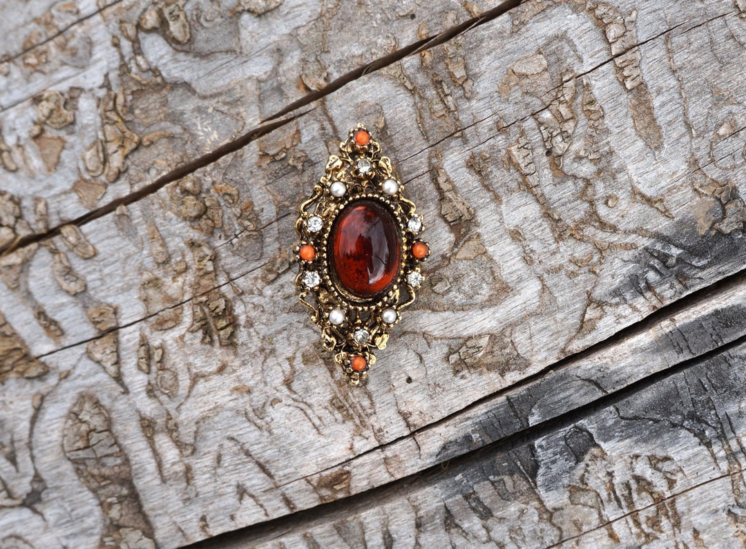Vintage Root Beer Colored Stone Brooch/pin With Rhinestones and Faux ...