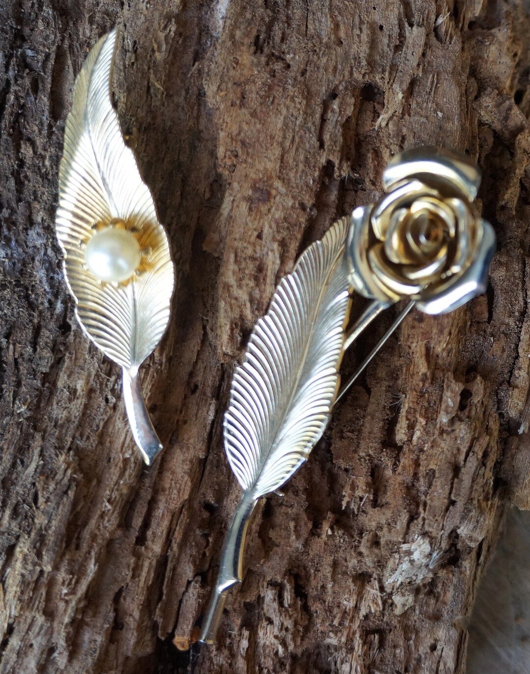 Vintage Rose & Leaf Brooch/pin, Leaf Pin With Faux Pearl, Gold Tone ...