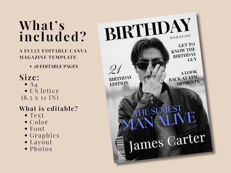 Personalized Birthday Magazine Template for Him | Canva (digital ...