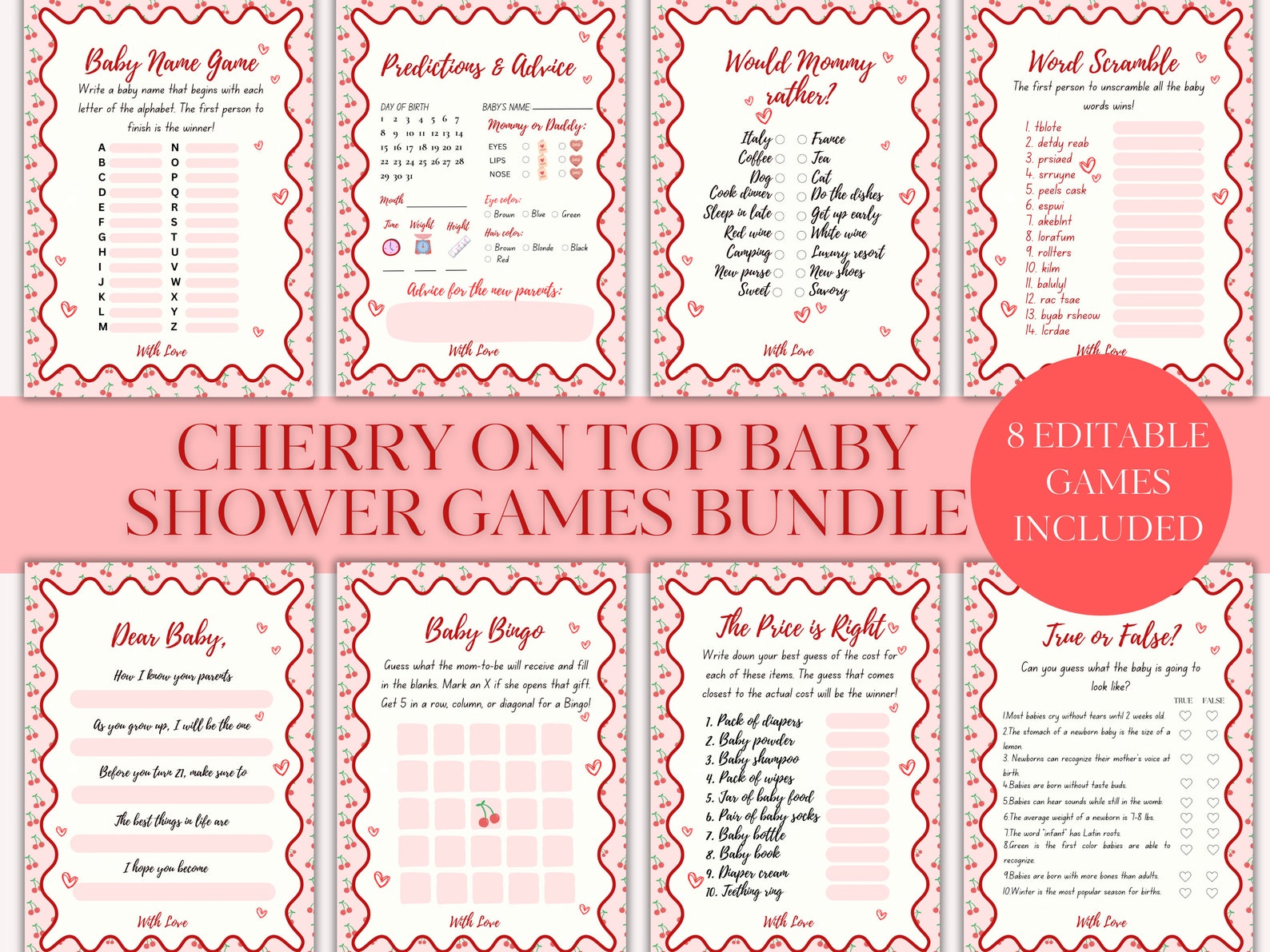 Cherry on Top Baby Shower Games Bundle | Cherry Baby Shower Games ...