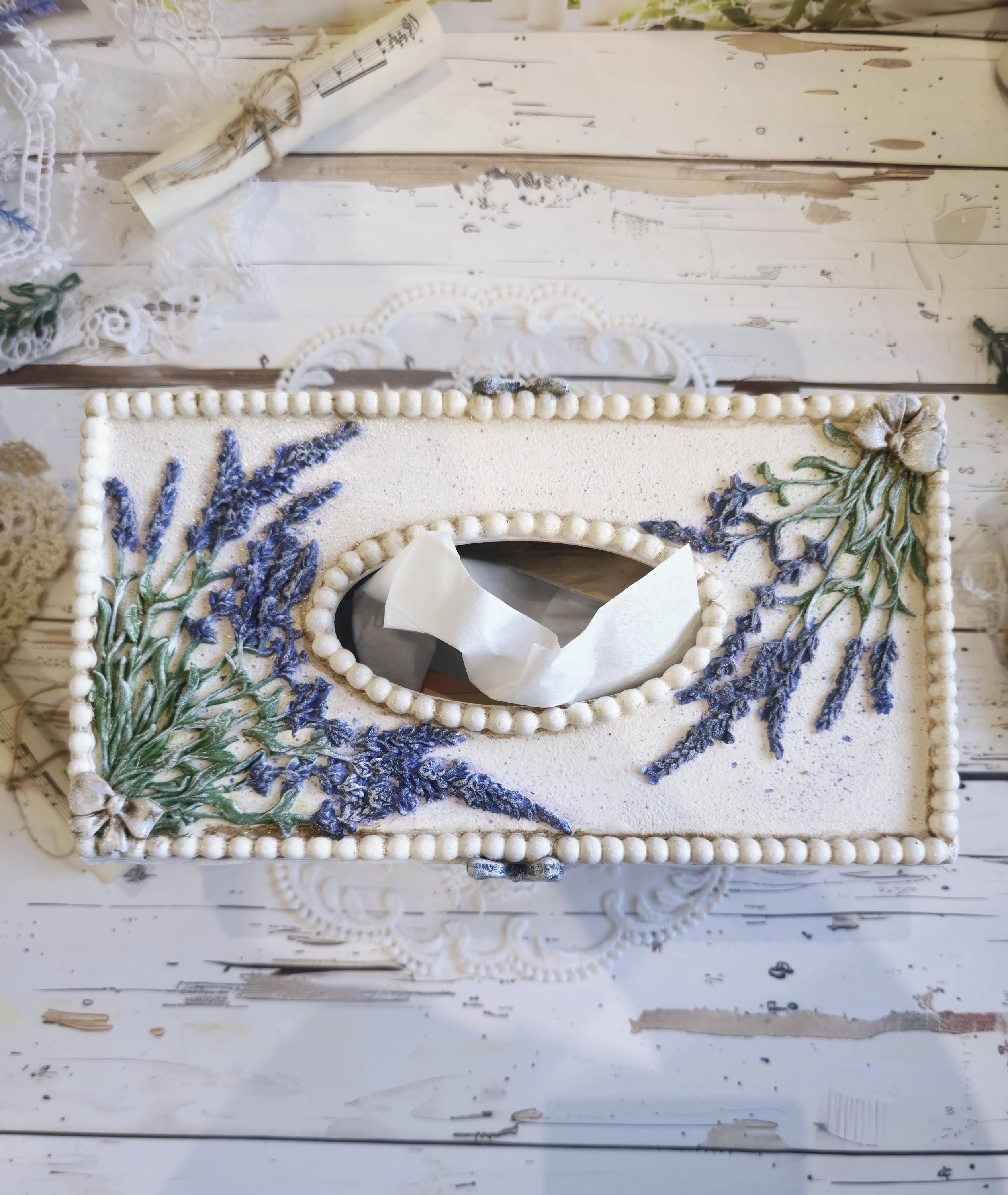 Shabby Chic Tissue Box With Lavender Provence-style Tissue Box– Wooden ...