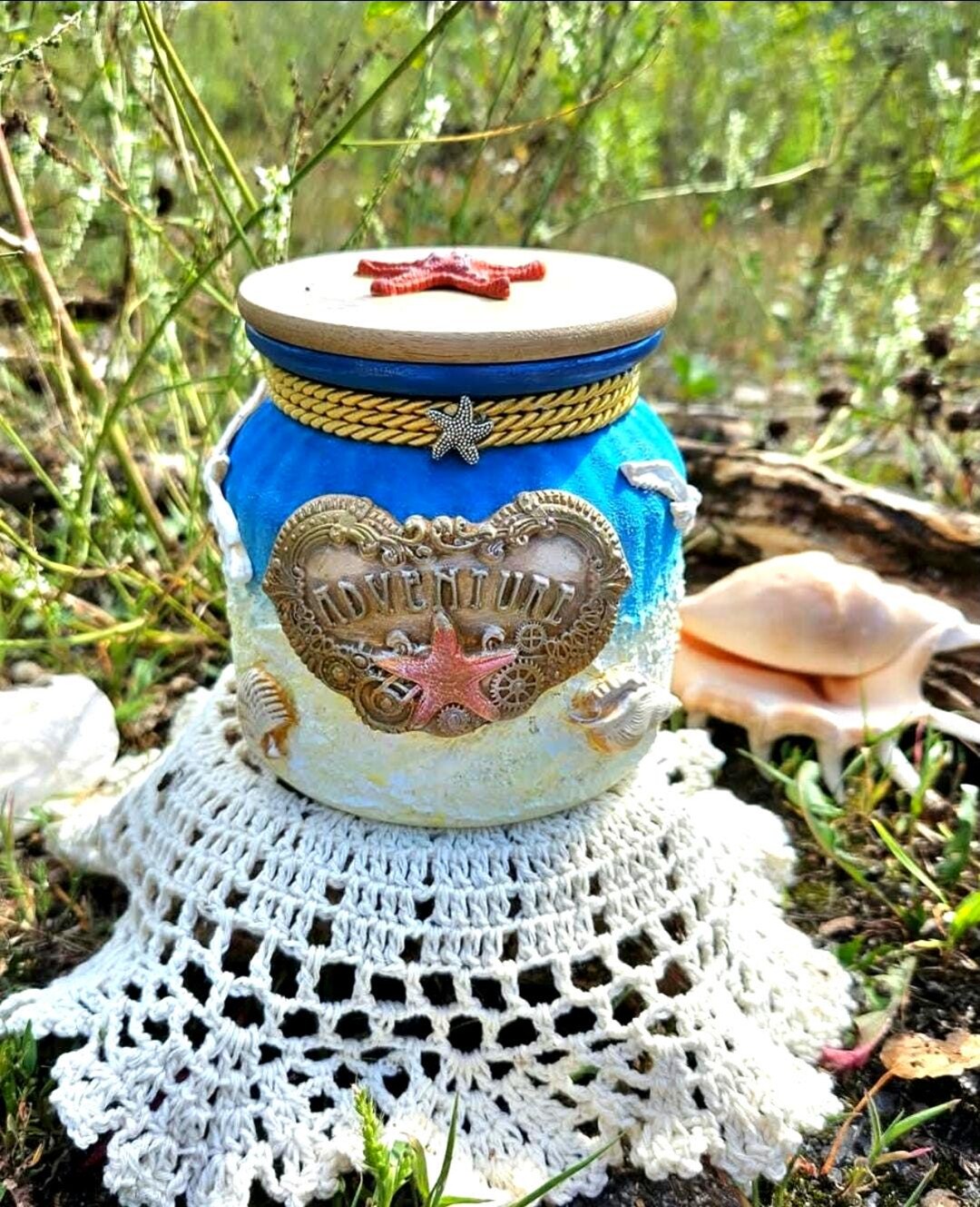 Lovely Decoupage Glass Jar, Sun and Beach, Shells and Starfish, Jar for ...