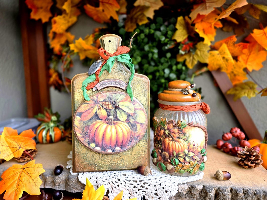 Decorative Fall Cookie Jar & Cutting Board – Pumpkin Kitchen Decor ...