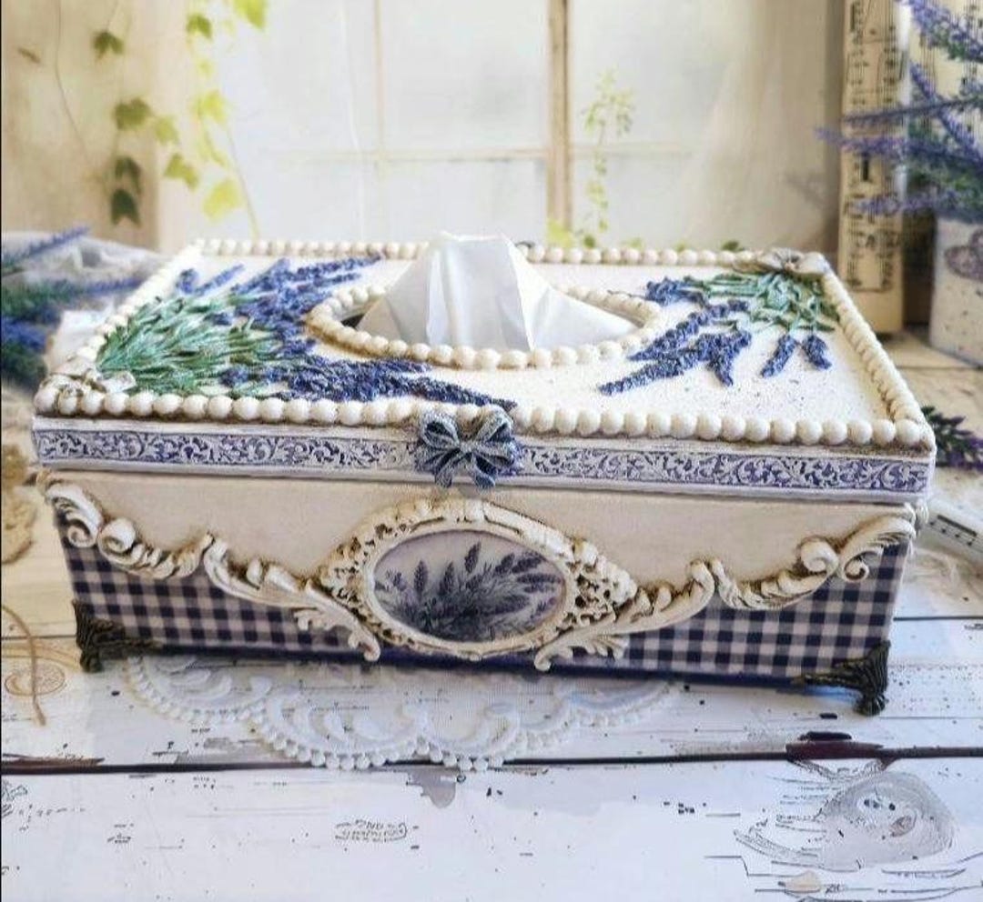 Shabby Chic Tissue Box With Lavender Provence-style Tissue Box– Wooden ...