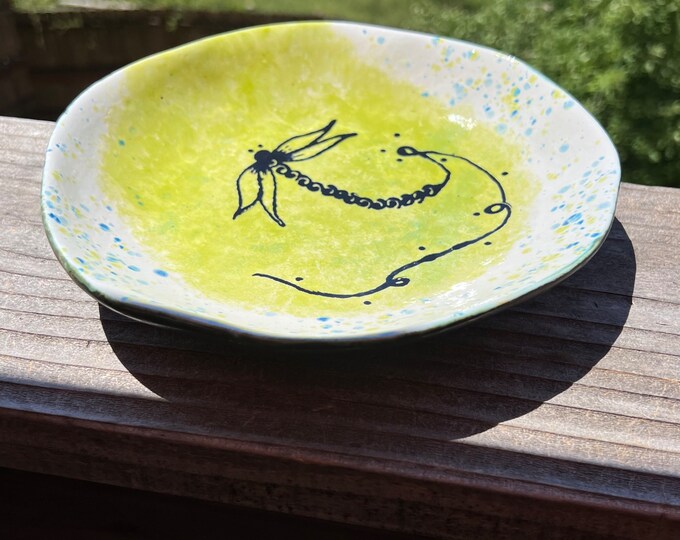 Dragonfly Pottery Lime Green and Blue Bird Bath Water Dish 9 Inch Birdbath Rustic Garden Decor ...
