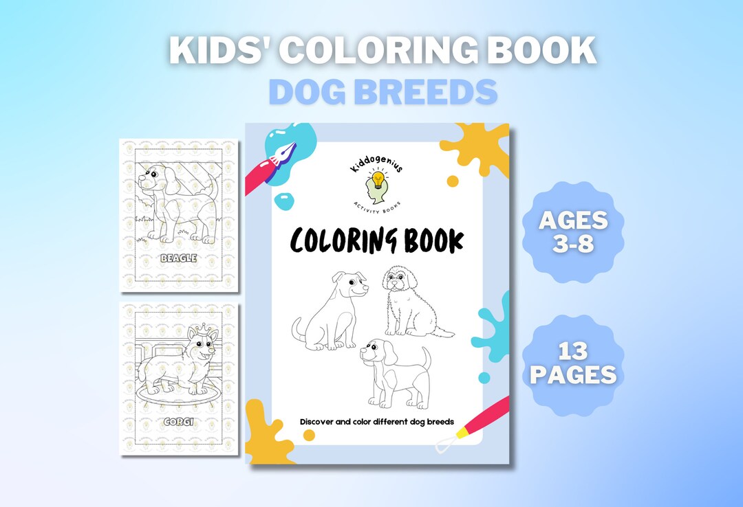 Dog Breeds: A Kids' Coloring Book. Set of 13 Printable Pages of Various ...
