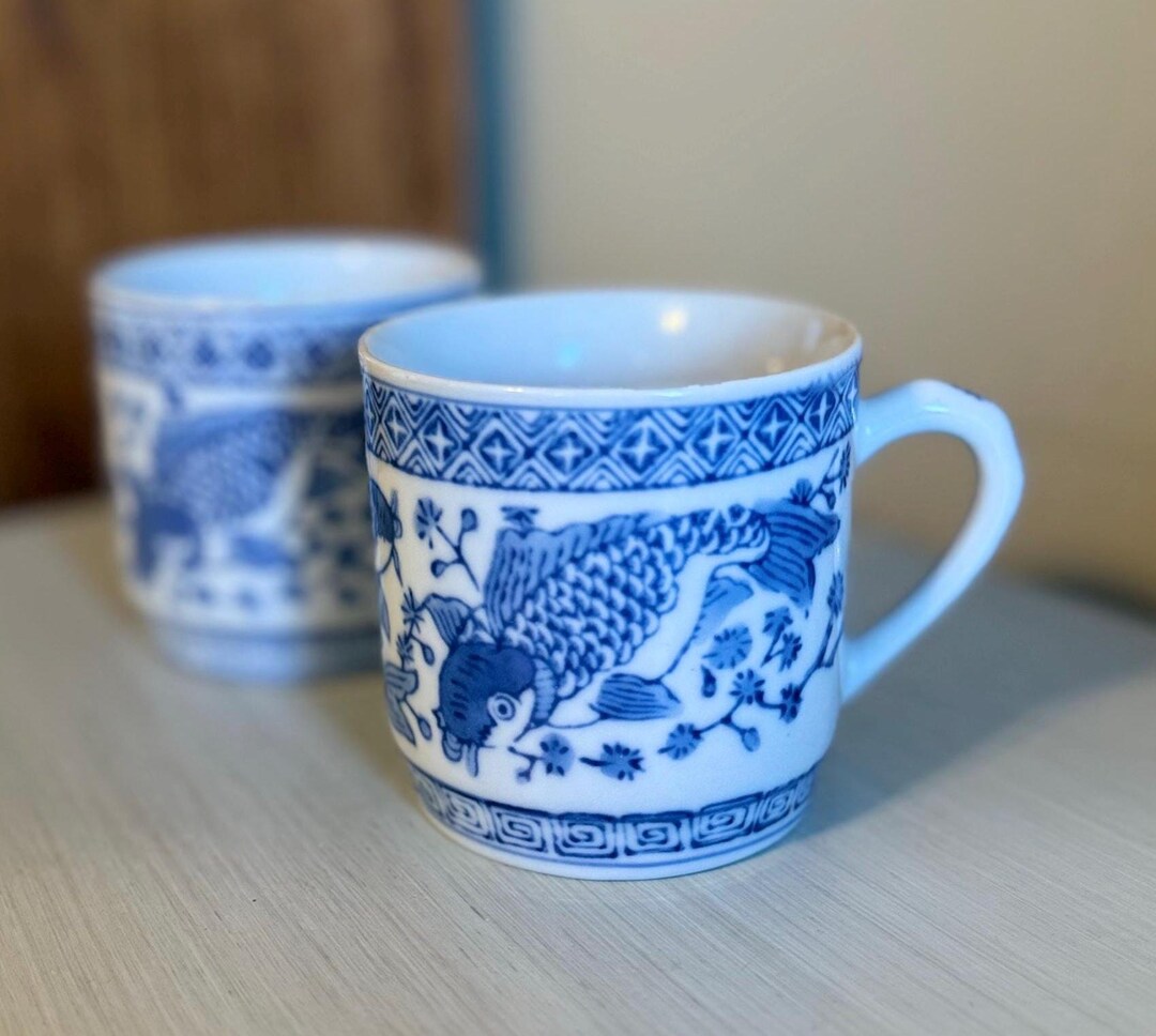 Set of 2 Blue and White Koi Fish Mugs | Vintage Pier 1 | Blue and White ...