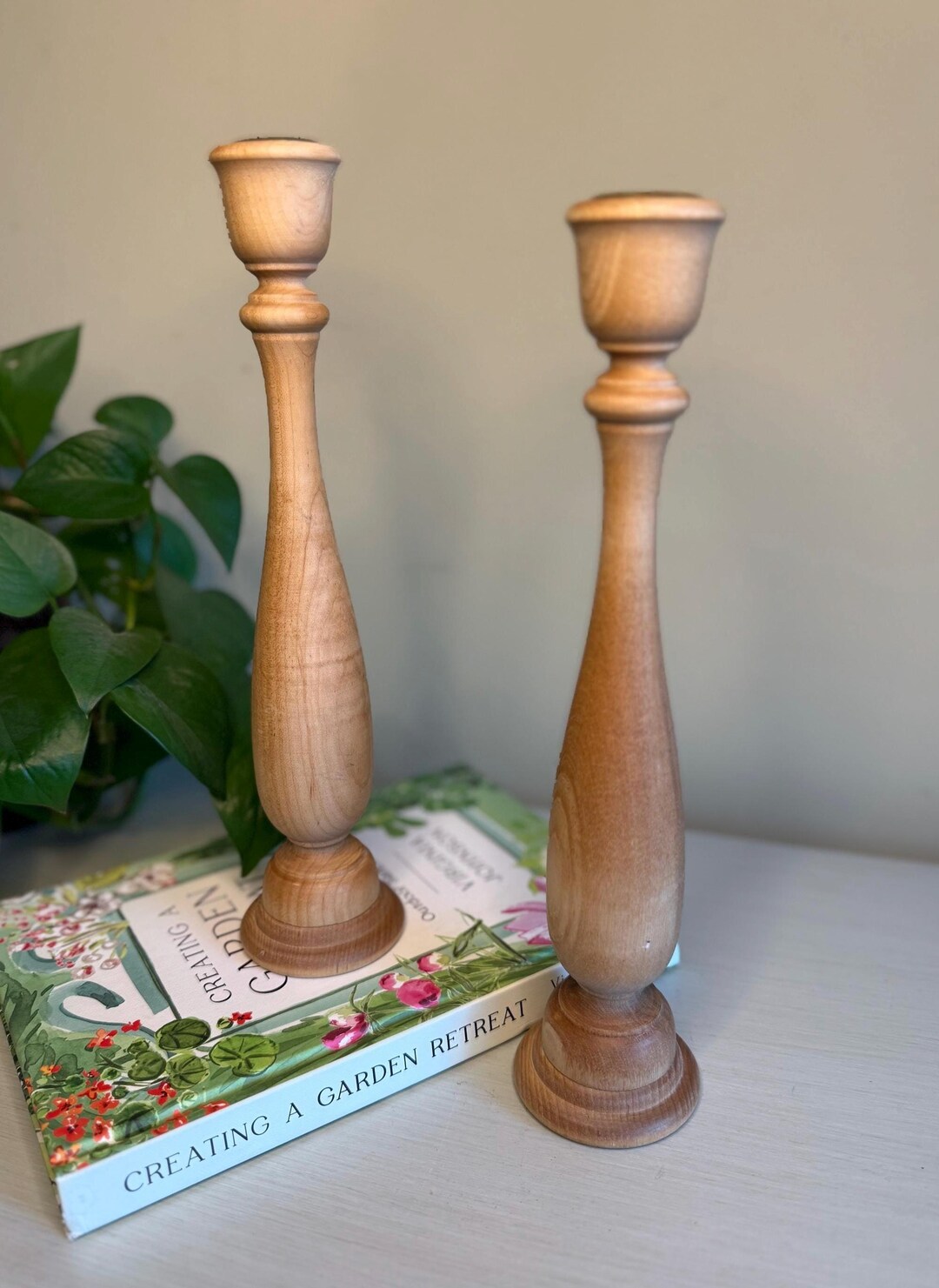Set of 2 Wood Taper Candle Holders With Brass Inserts | Coastal Grandma ...