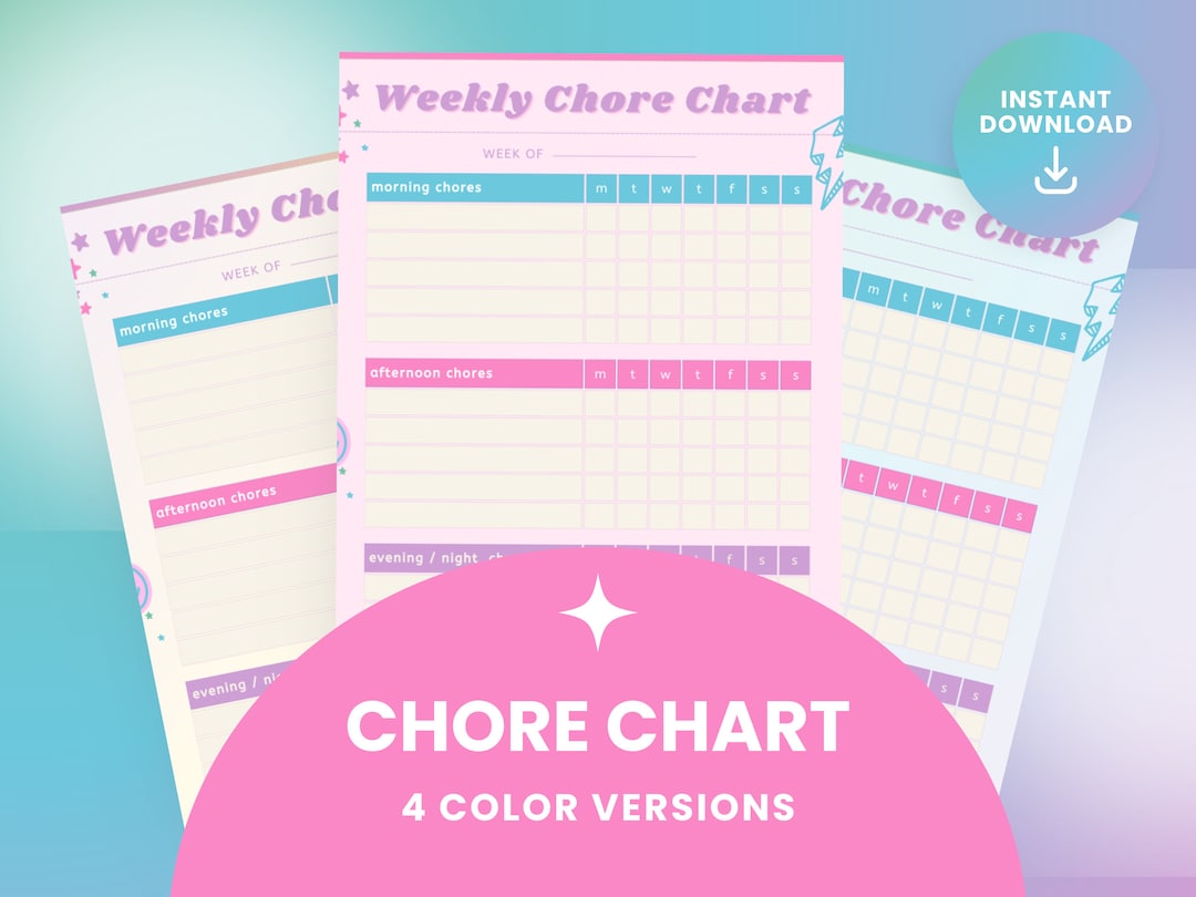 Pink Mermaid Colors Kids Chore Chart Printable Chore Kids Planner Daily ...
