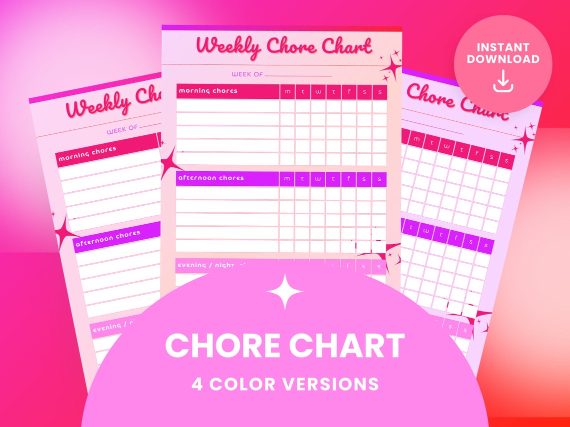 Hot Pink Color Kids Chore Chart Printable Chore Kids Planner Daily ...