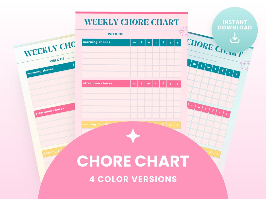 Pink Colors Kids Chore Chart Printable Chore Kids Planner Daily Chore ...