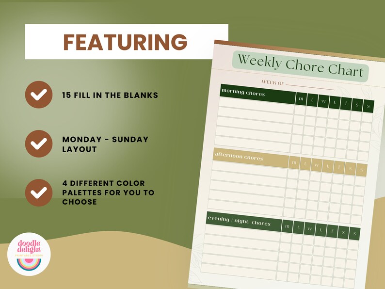 Earthy Green Colors Kids Chore Chart Printable Chore Kids Planner Daily ...
