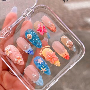 Tropical Vibes Almond Press Ons Nails beachy Nails fake Nails Handmade Nails 3D Nails Flowers nails Art sea Shells Etsy