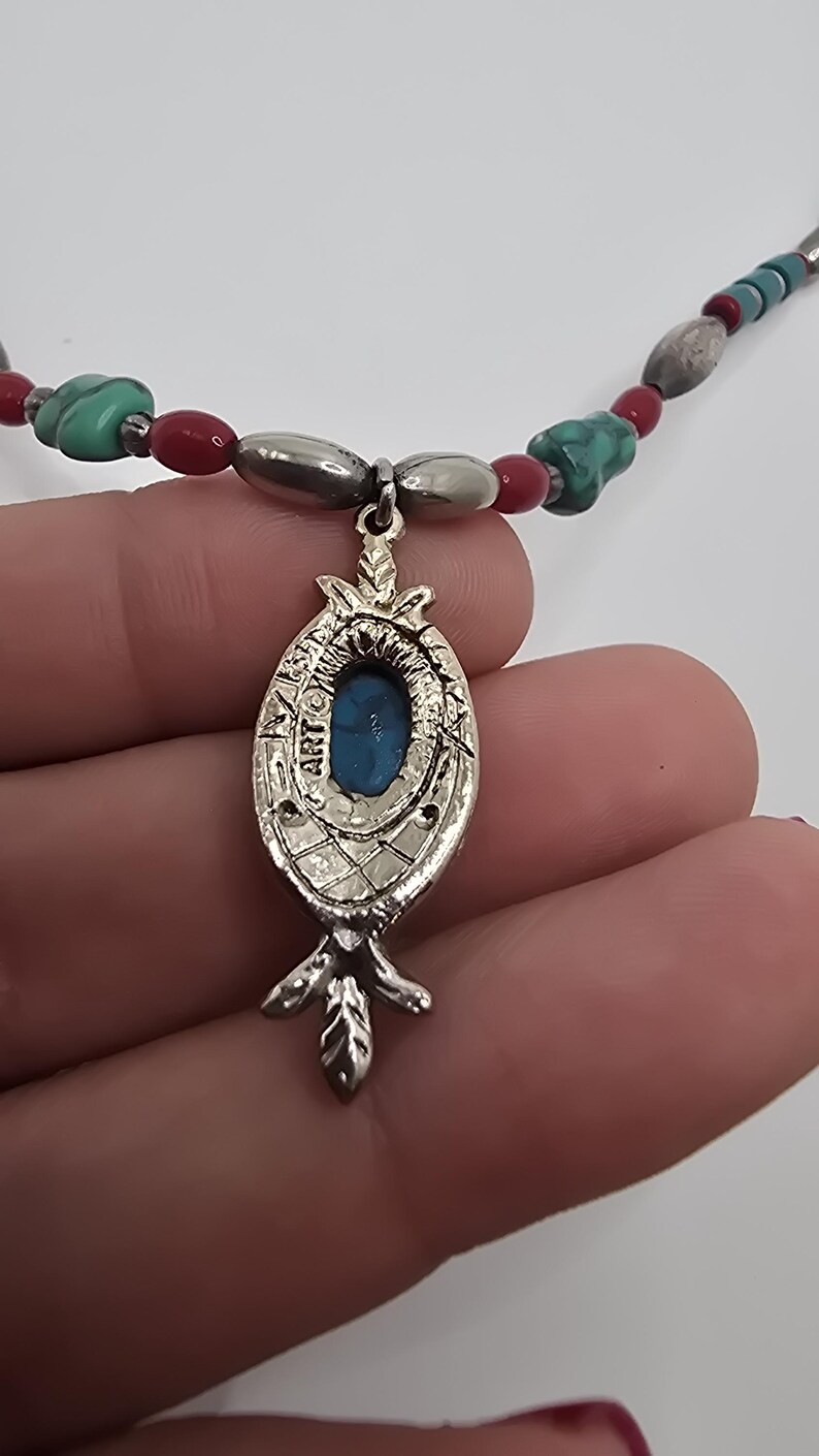 Native American Turquoise and Red Coral Silver Necklace With Earrings ...