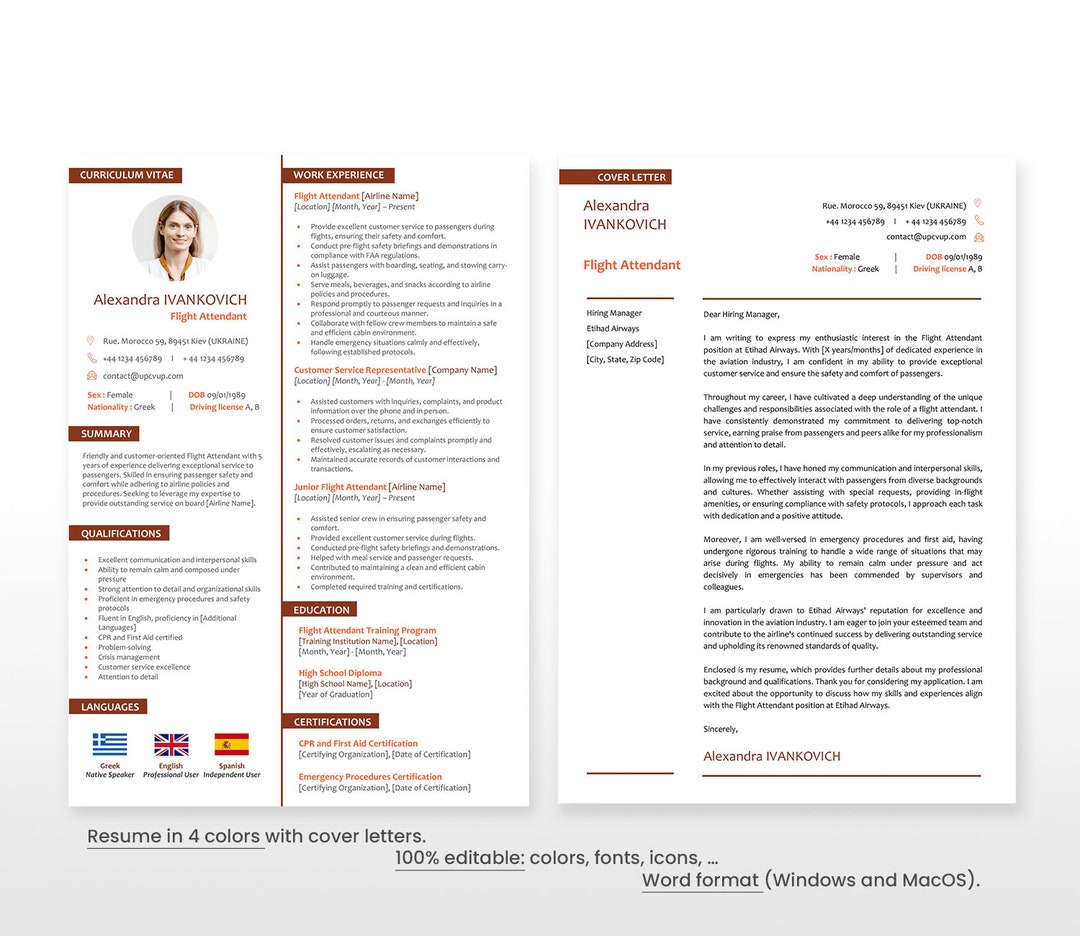 Professional Cabin Crew CV Template Editable Flight Attendant Resume ...