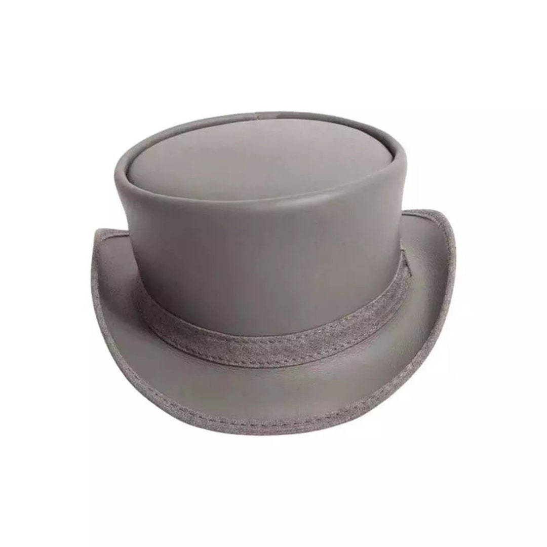 Handcrafted Grey Night Leather Top Hat, Leather Steampunk Hat, Riders ...