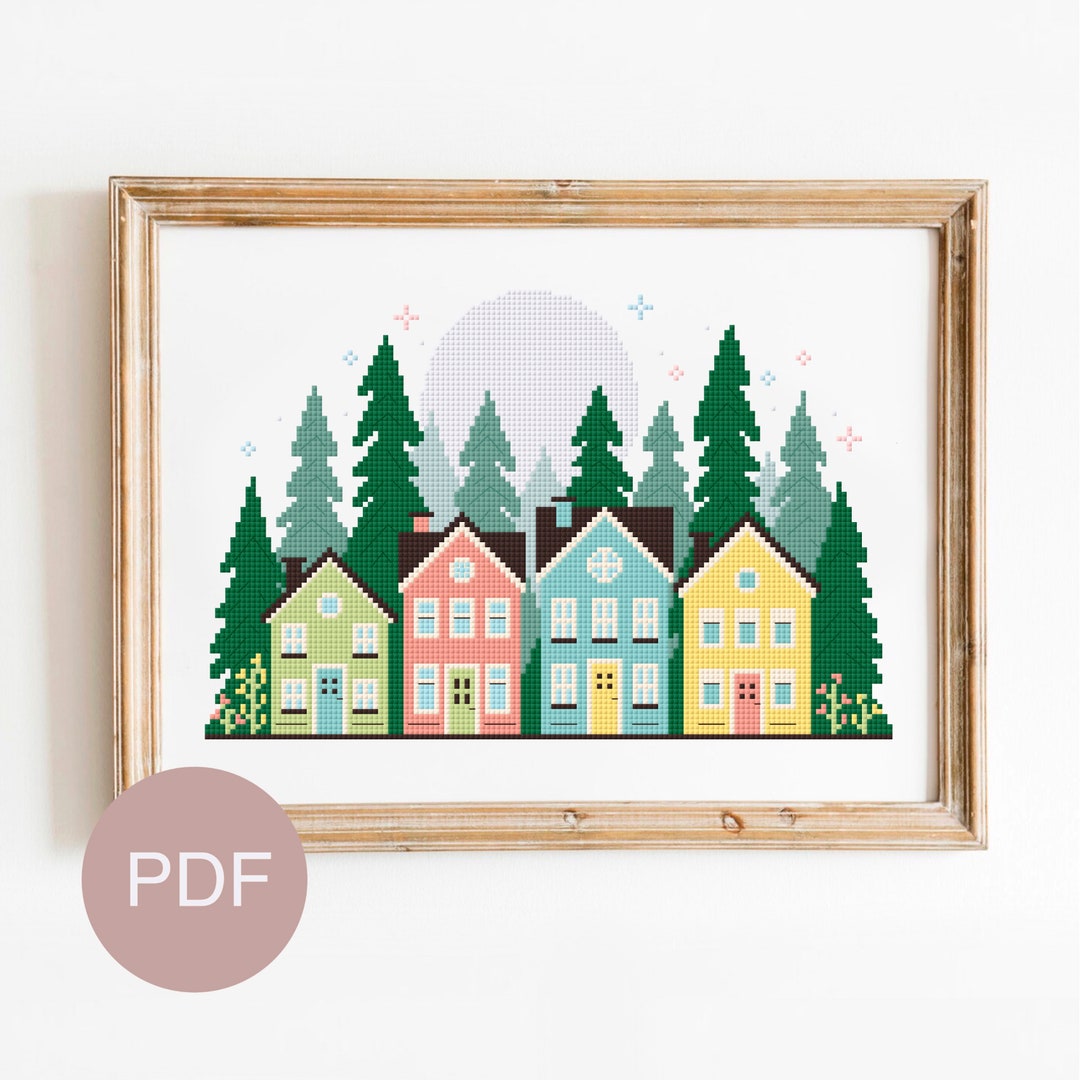 Forest Row Houses Cross Stitch Pattern: Modern Landscape (PDF Pattern ...