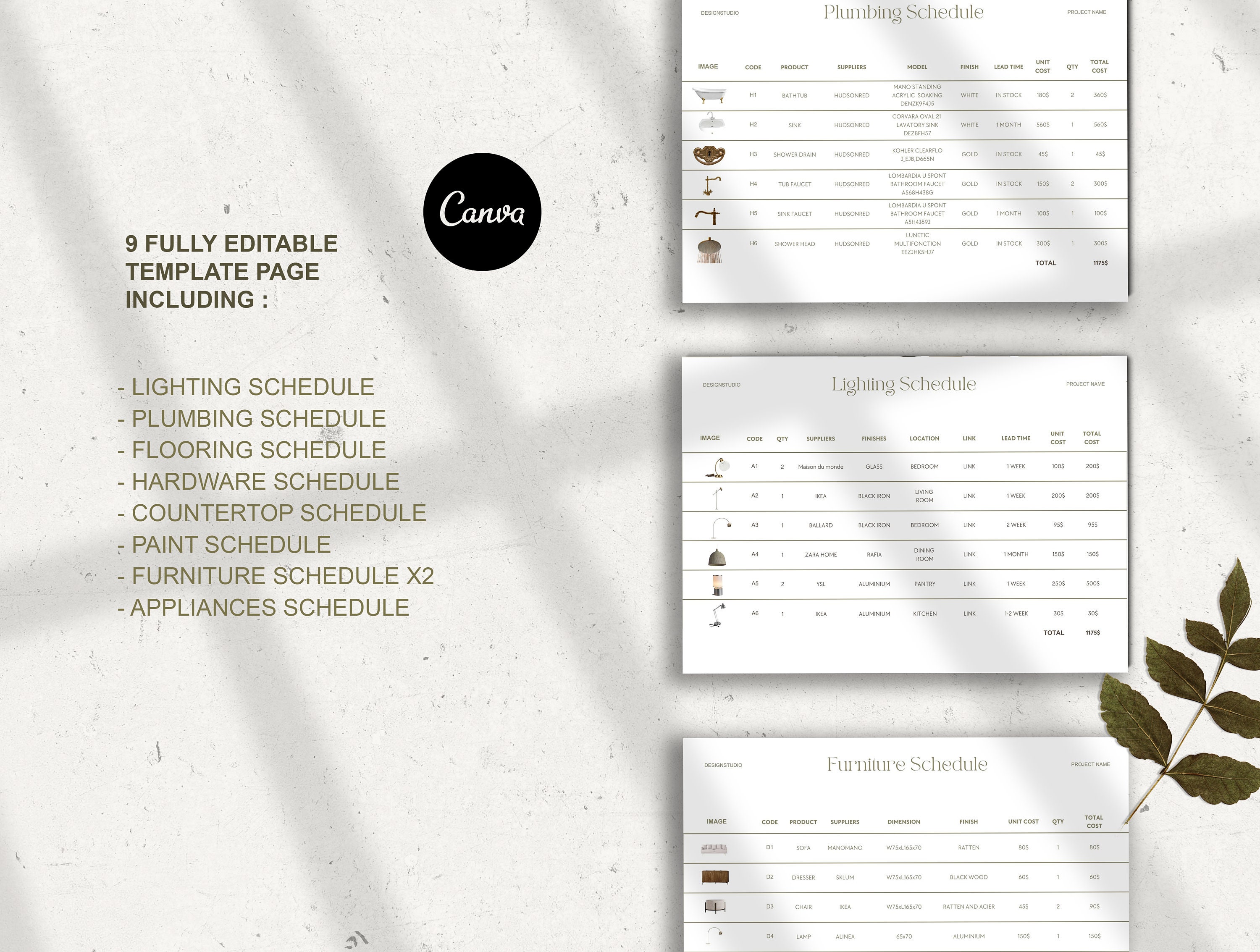 Interior Design Furniture, Fixtures and Finishes Schedule Template ...