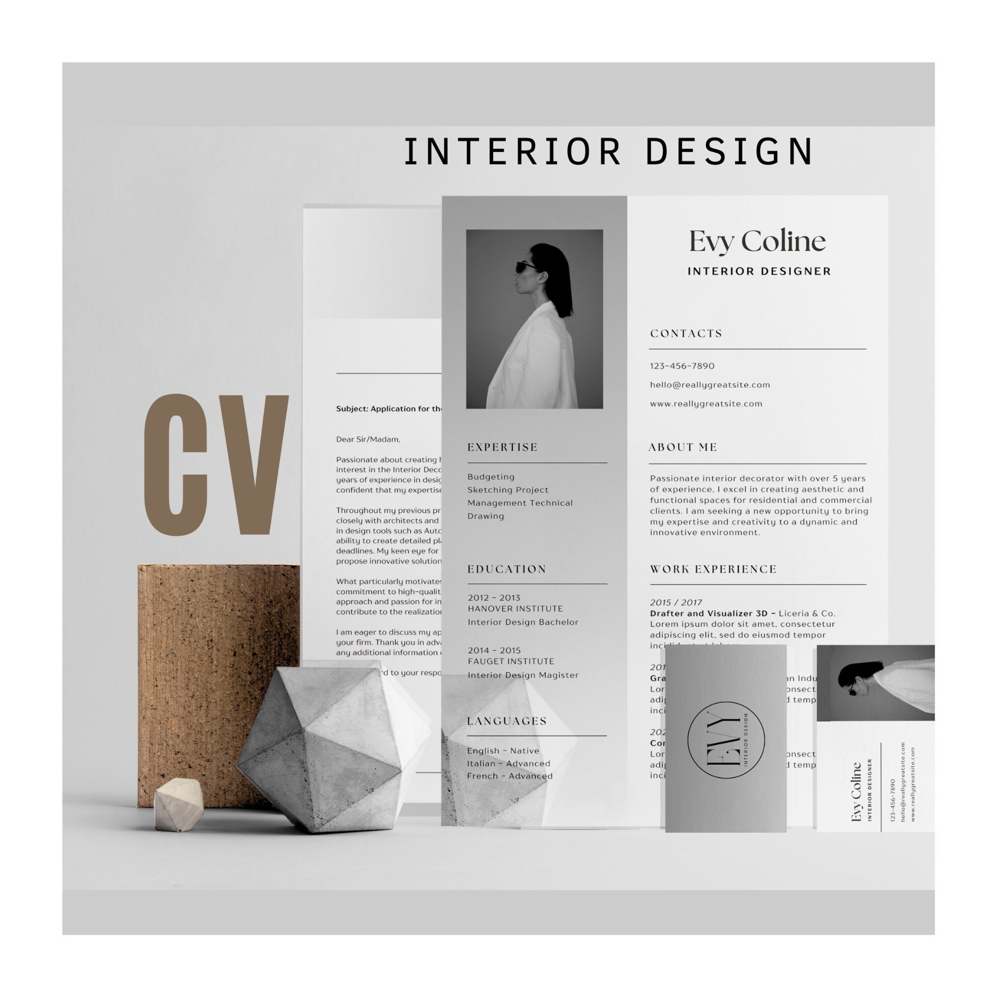 Pack CV Template, Cover Letter, Business Card for Interior Designer ...