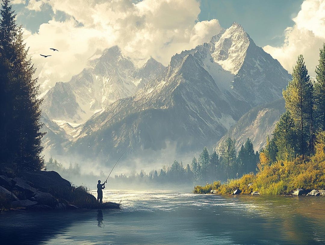 Fly Fishing Mountain Print – River Landscape Scene, Cabin Wall Art - Etsy