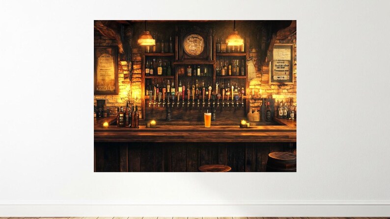 Vintage Irish Pub Wall Art – Cozy Rustic Bar Interior Print, Warm ...
